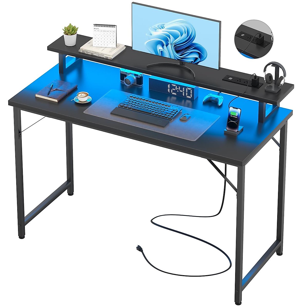 Hyomdeck Computer Desk with USB Power Outlets and LED Lights, 47 inch Gaming Desk with Monitor Stand for Small Space Home Office, Modern Simple Study Writing Table PC Desks, Black