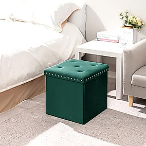 B FSOBEIIALEO Storage Ottoman Cube, Folding Tufted Ottomans with Storage,Coffee Table Top Cover, Toy Chest Storage Boxes Footrest Stool for Bedroom, Luxury Velvet Fabric 15.7 Inches Green
