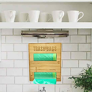 Antallcky Bamboo Trash Bag Dispenser Roll Holder 13 Gallon 2 Rooms,Garbage Bag Storage Dispenser Organizer Wall Mount or Under Sink for 2 Rolls of Plastic Bags(Up to About 160 Bags)