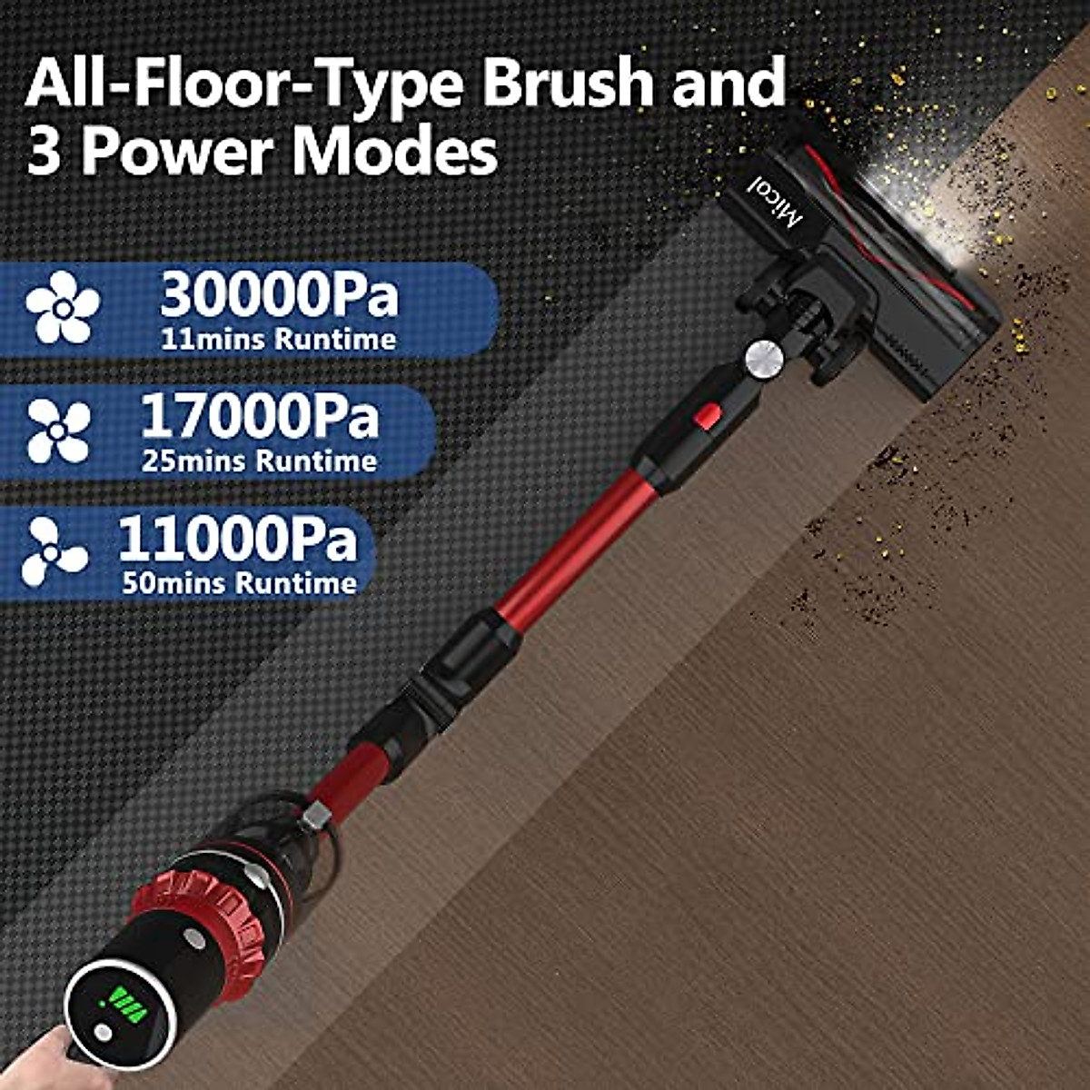 Micol Cordless Vacuum Cleaner, Lightweight Stick Vacuum Cleaner with 30Kpa, Max 50min Runtime, 350W Brushless Motor, LED Display, 6 in 1 Handheld Vacuum Cleaner for Hard Floor Carpet Car Pet Hair, Red