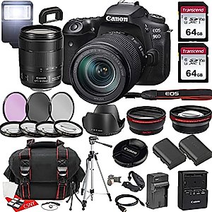 Canon EOS 90D DSLR Camera w/EF-S 18-135mm f/3.5-5.6 is USM Lens + 2X 64GB Memory + Hood + Case + Filters + Tripod + More (35pc Bundle)