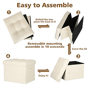 BelugaHelper Storage Ottoman Foot Rest Stool, Folding Leather Footstool Bench with Thicker Foam Padded Seat. Short Foot Stool Ottoman with Storage for Living Room Bedroom 350 lbs, 17x13x13in, Beige