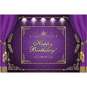 5x3FT Purple Happy Birthday Backdrop Purple and Gold Curtain Crown Floral Texture Decoration for Women Photography Background Party Decorations Banner Supplies Photo Booth Studio