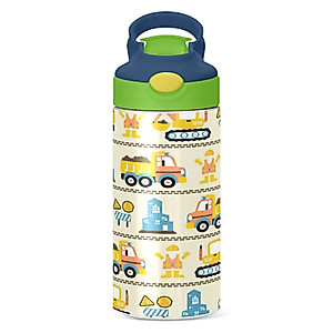 Cartoon Construction Truck Kids Water Bottle, BPA-Free Vacuum Insulated Stainless Steel Water Bottle with Straw Lid Double Walled Leakproof Flask for Girls Boys Toddlers, 12Oz