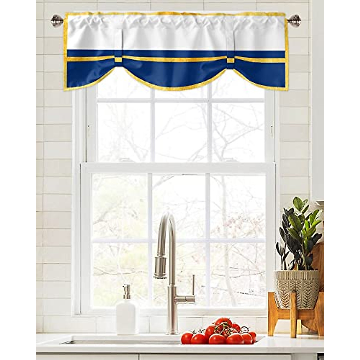 Blue White Block and Gold Yellow Lines Tie Up Valance Curtain for Kitchen-Small Window Shade Valances Adjustable Rod Pocket Windows Treatment for Bathroom Decor Modern Minimalist Art,1 Panel 42x12in