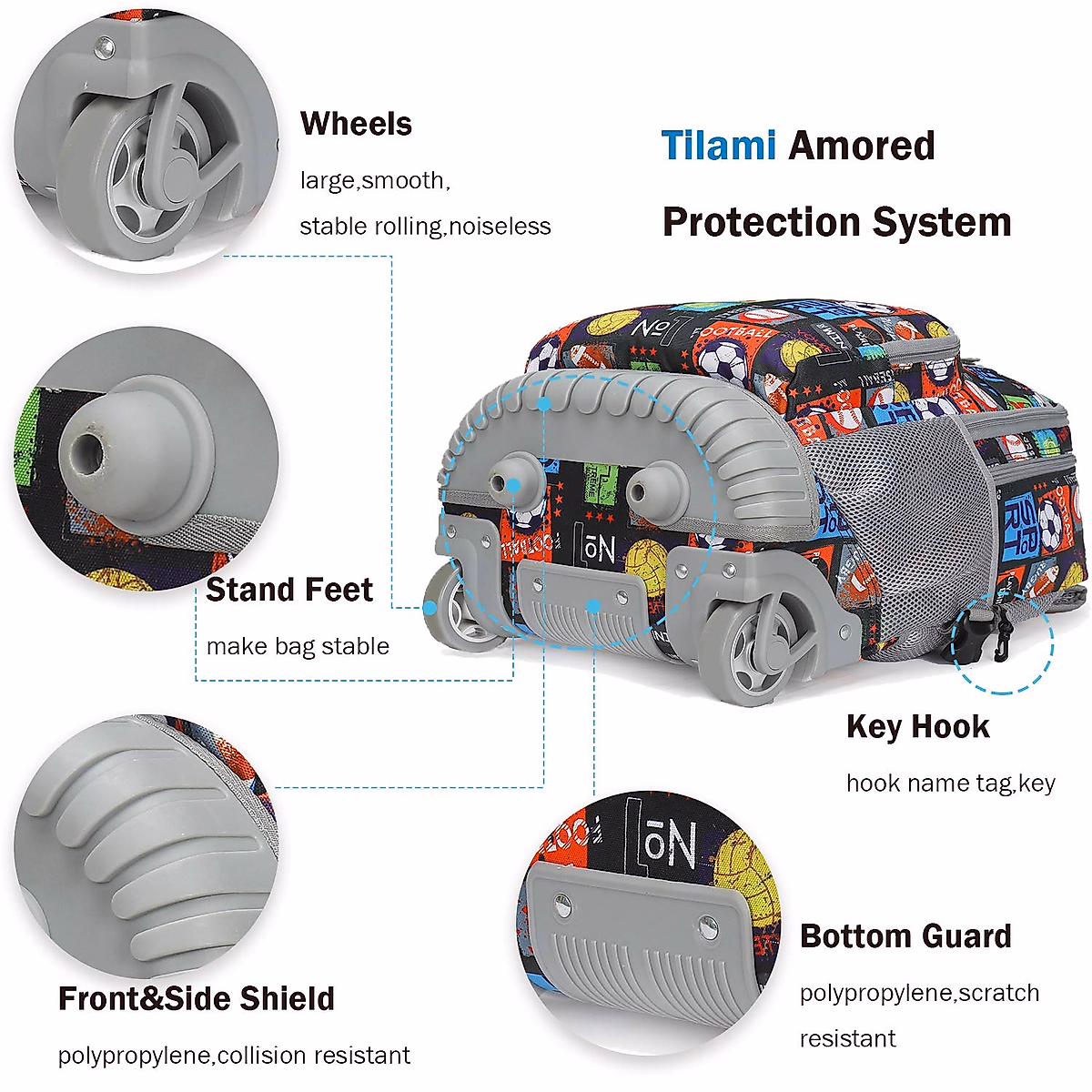 Tilami Rolling Backpack 18 inch with Pencil Case Wheeled Laptop Bag, Sport Balls