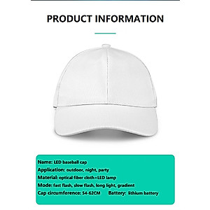 LED Light Up Hat for Men，7 Colors Glow Hat Fiber Optic Rave Luminous Baseball Cap for Women USB Charging White