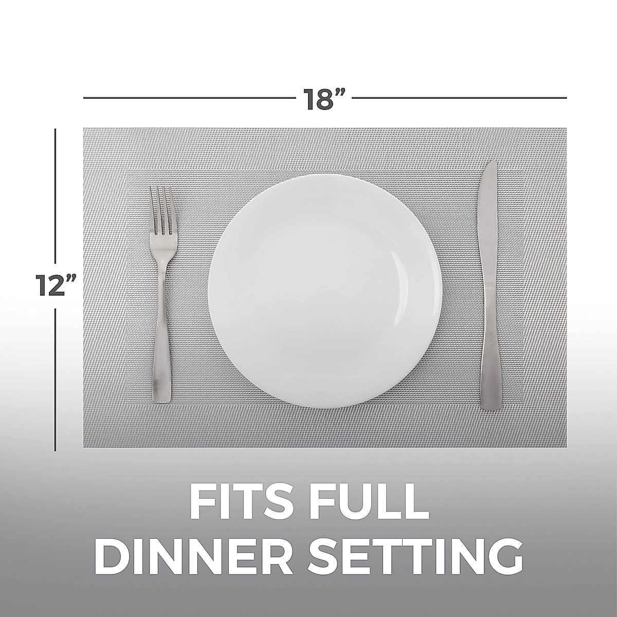 Home Genie Heat Resistant Placemats, Dining Room Table Mats, Protect Surfaces, Woven Placemat Setting for Dinner, Washable Vinyl Food Grade Mat, Kitchen Decor Accessories, Set of 4, Size 18x12, Silver