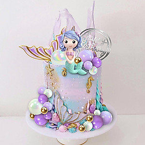 Mermaid Cake Toppers Under the Sea Mermaid Tail Cake Decorations Gold Purple Pearl Ball for Girl Kid Birthday Party Mermaid Theme Party Baby Shower Supplies (Style 2)