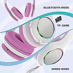 MIDOLA Kids Headphone Bluetooth Wireless or Wired Over Ear Cat Light Foldable Stereo Headset with AUX 3.5mm Mic Volume Limit 110-94 dB for Adult Child Boy Girl Cellphone Tablets TV Game White