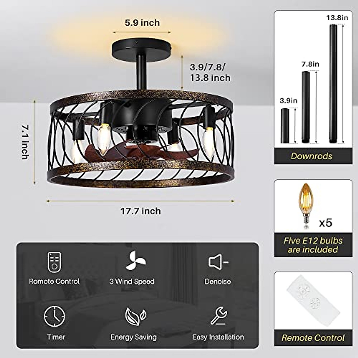 Rustic Hand-Swept Gold Paint Accents Sand Black Fandelier Ceiling Fans with Lights and Remote, Farmhouse Caged Semi-Flush Mount Ceiling Fan with Height Adjustment, Reverse Quite Motor for Indoor