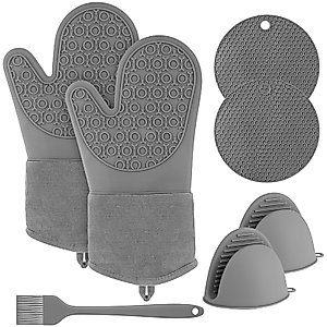 Guiqulai 7 Pcs Oven Mitts and Pot Holders Set, Extra Long Silicone Oven Glove, Heat Resistant Waterproof Kitchen Gloves, Kitchen Mittens with Mini Oven Gloves and Brush for Cooking Baking BBQ