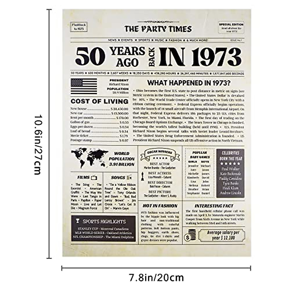 Funny 50th Birthday Card, Back in 1973 Birthday Card for Boyfriend, Happy 50th Birthday Card Gifts for Women Men, 50th Wedding Anniversary Card Gifts for Parents Couple, 10.6x7.8 inch