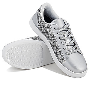 Women's Glitter Shoes Fashion Shiny Sequin Sneakers Tennis Sparkly Shoes Rhinestone Bling Shoes with Lace up(Silver Sequins,9.5)