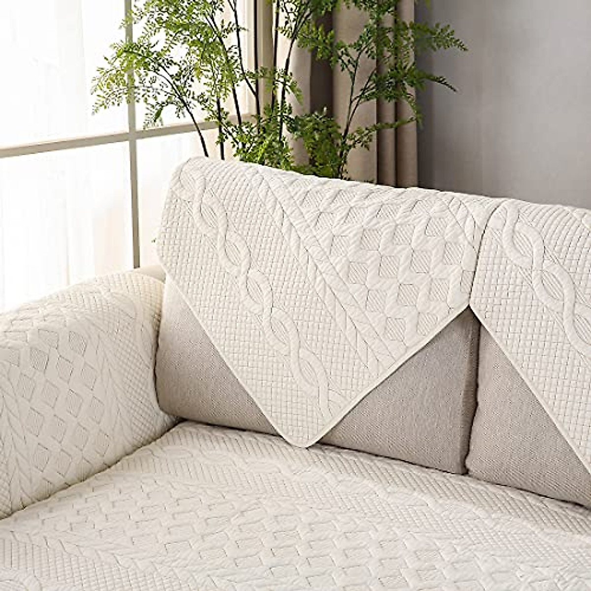 vctops Geometric Embroidery Cotton Couch Sofa Cover Farmhouse Sectional Couch Covers Sofa Slipcover for Dogs Cats Pet Love Seat Recliner Leather L Shaped, Armrest Backrest Cover (Cream,28"x82")