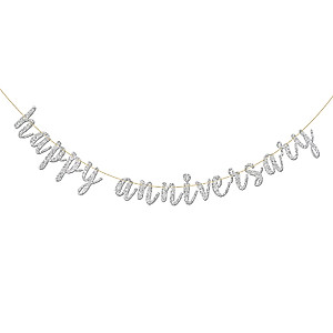INNORU Glitter Silver Happy Anniversary Banner - Anniversary Sign - Birthday Banner - 1st Wedding Anniversary Party Bunting Decoration Photo Props