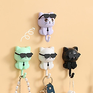 Cute Cat Key Hook, Cat Hooks for Wall, 2 Cartoon Cat in Sunglasses Creative Gra-vity Hook, Adhesive Coat Hooks Key Holder for Wall Decorative, Pet Wall Hooks for Hanging Key, Bag, Hat, Towel (mix)