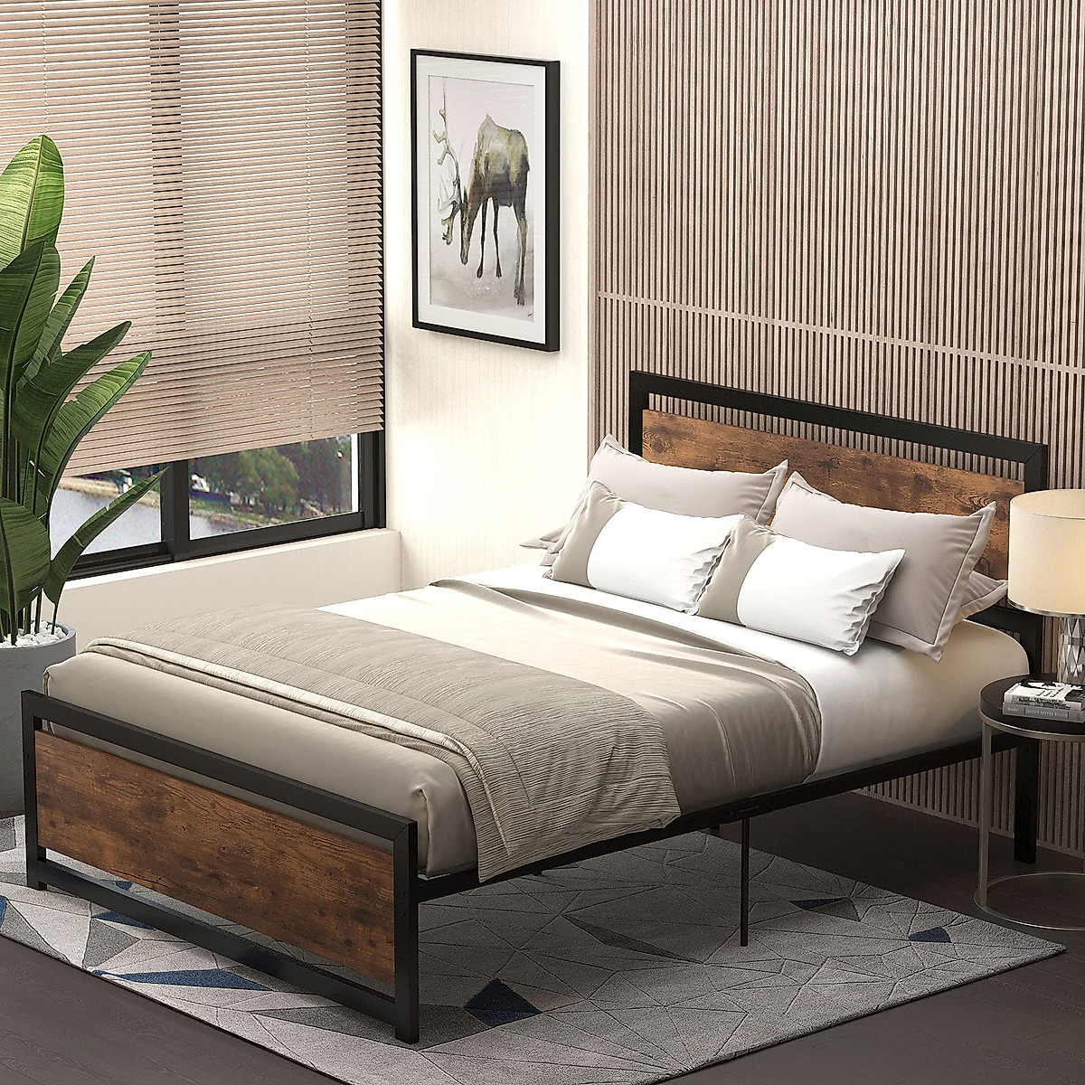 HOMCOM Full Bed Frame with Headboard & Footboard, Strong Metal Slat Support Bed Frame w/Underbed Storage Space, No Box Spring Needed, 56.75''x76.75''x40.5''