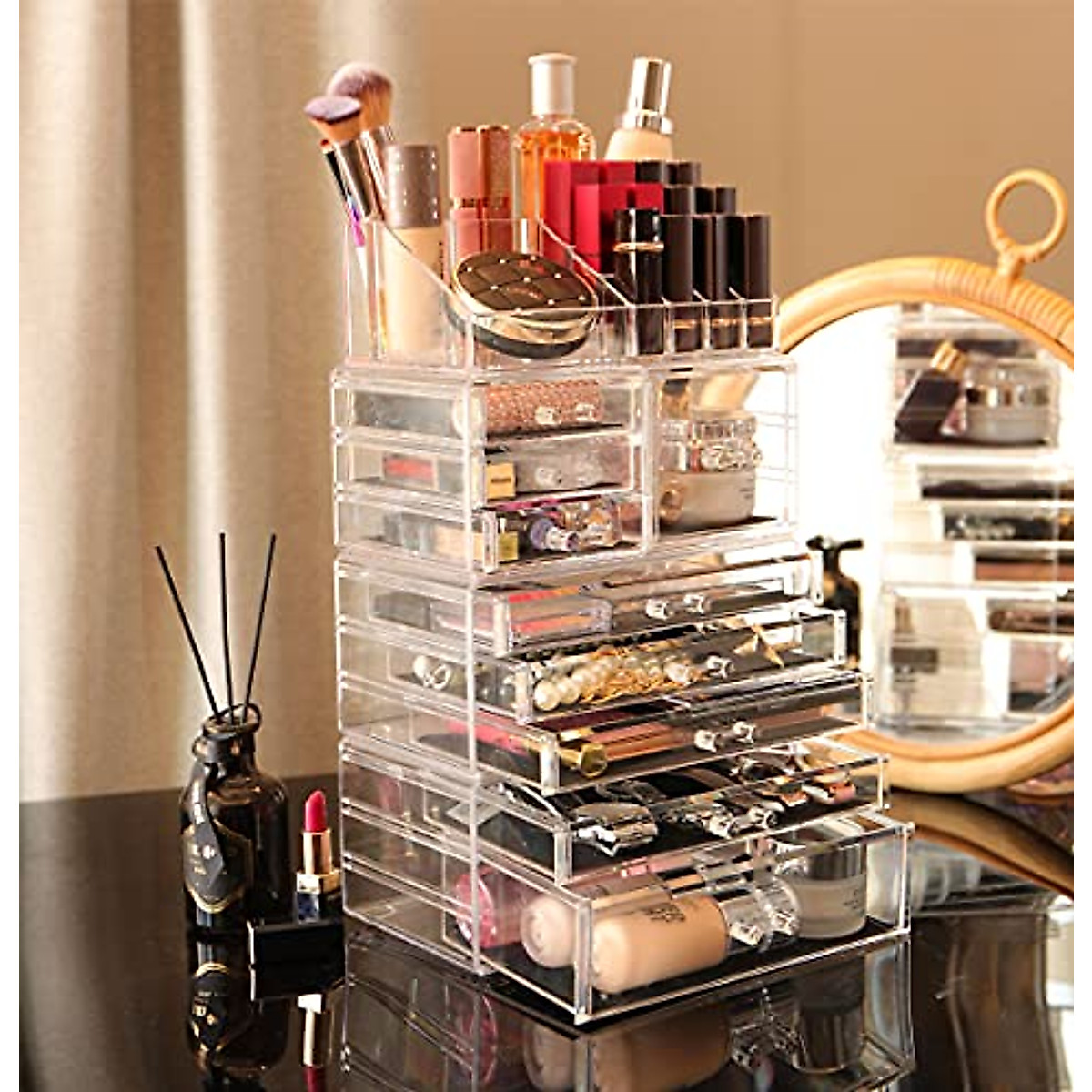 Cq acrylic Makeup Organizer Skin Care Large Clear Cosmetic Display Cases Stackable Storage Box With 9 Drawers For Vanity,Set of 4