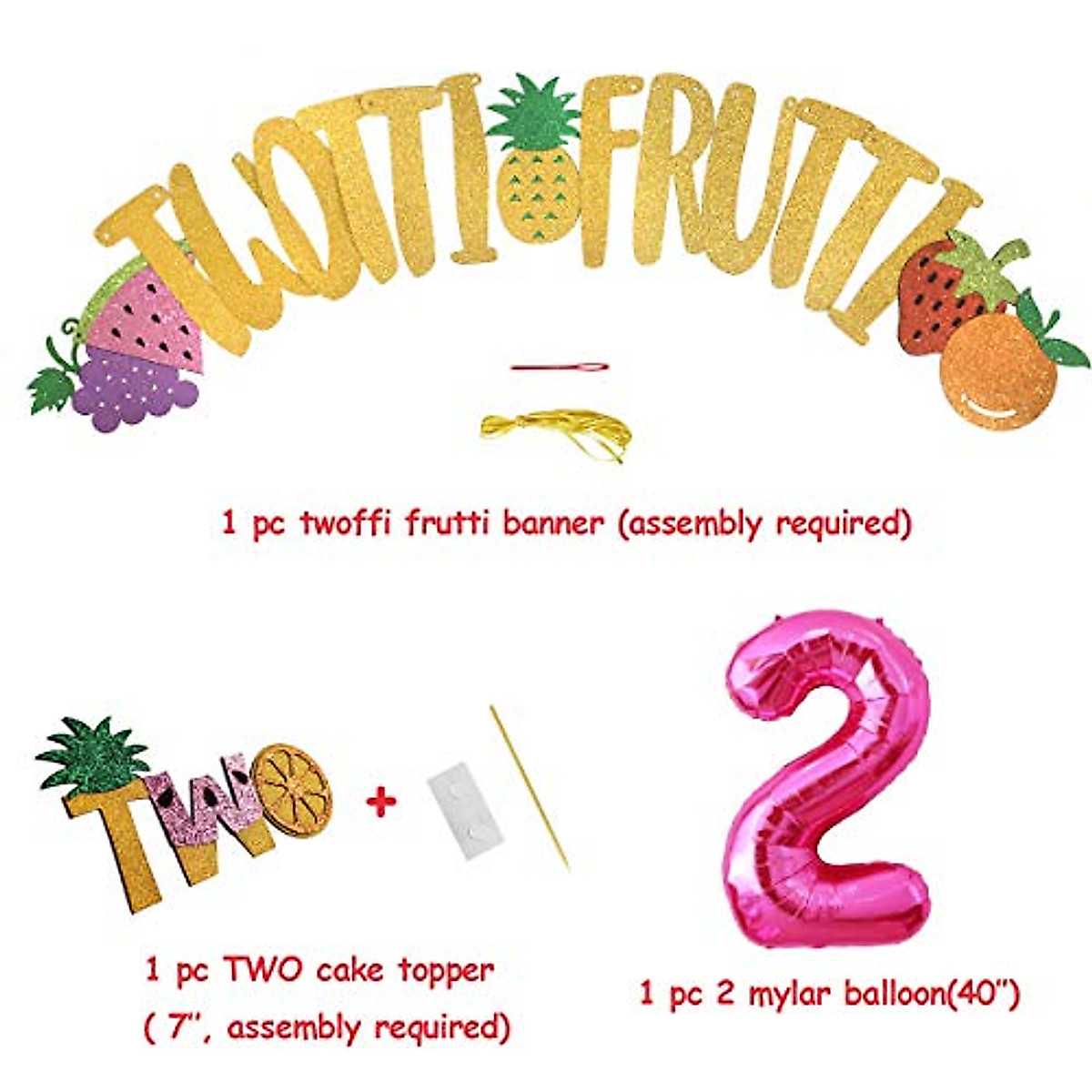 71 Packs Tutti Frutti Party Decorations Set Twotti Frutti Glitter Banner/Cake Topper Fruit Cupcake Toppers Mylar Balloons for Twotti Fruity Second Birthday Party