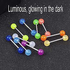 Tanyoyo 14G 18 Pcs Colorful Ball Tongue Rings Stainless Steel Barbell Tongue Straight Ring Retainer Nipple Ring Bar Length 16mm For Women Men (18PCS Colorful)