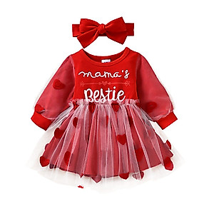 Toddler Baby Girl Valentine's Day Outfits Love Heart Print Princess Long Sleeve Ruffles Skirt Tutu Dress
