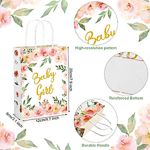 16 Pack Baby Shower Party Favor Bags Baby Shower Party Favors Baby Girl Treat Bags Floral Theme Pink Candy Goodie Bags Kraft Wrap Bags with Handles for Girls Baby Shower Party Decorations Supplies