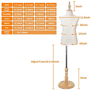 Child Body Cloth Display Torso Mannequin, Kids Half Body Pinnable Dress Form, 2,3,4,5,6,7 Years Old (8-9 Years)