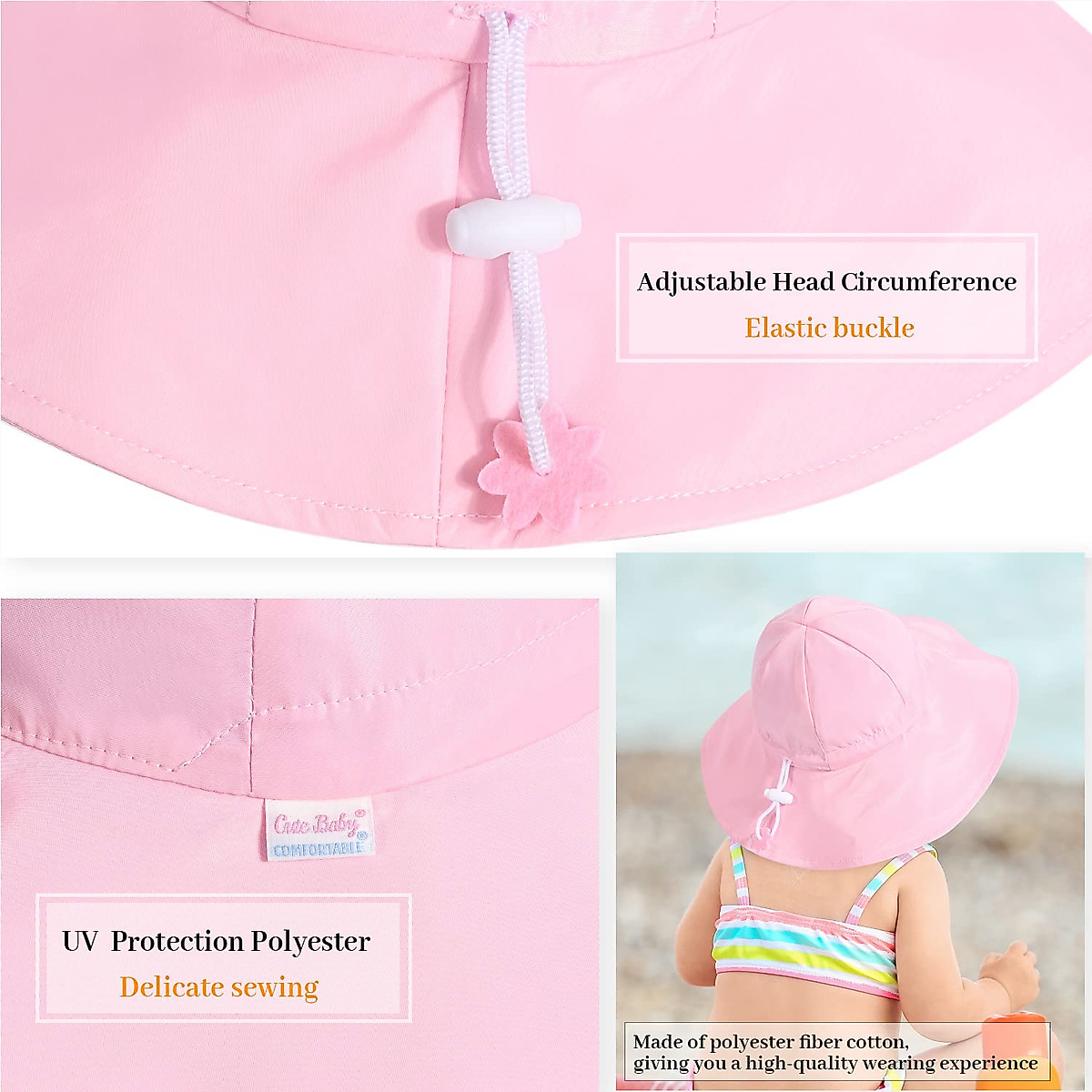 Unisex Baby Sun Hat with UPF 50+ Outdoor Adjustable Beach Hat,Baby Girl Wide Brim Bucket Hats for Infant Toddler Little Boy (0-6 Months) White