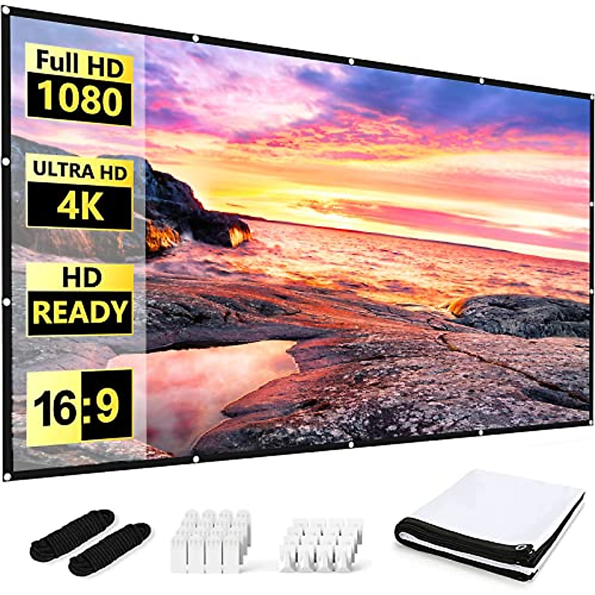 YOWHICK Projection Screen 120 inch, 16:9 Foldable Anti-Crease Portable Projector Movies Screens for Home Theater Outdoor Indoor Support Double Sided Projection, Washable