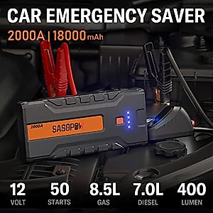 SASOPOW Car Jump Starter, 2000A Peak Battery Starter for 8.5L Gas and 7.0L Diesel Engines, 12V Lithium Jump Box for Vehicles, Battery Booster with USB QC3.0, Jump Pack with Built-in LED Light