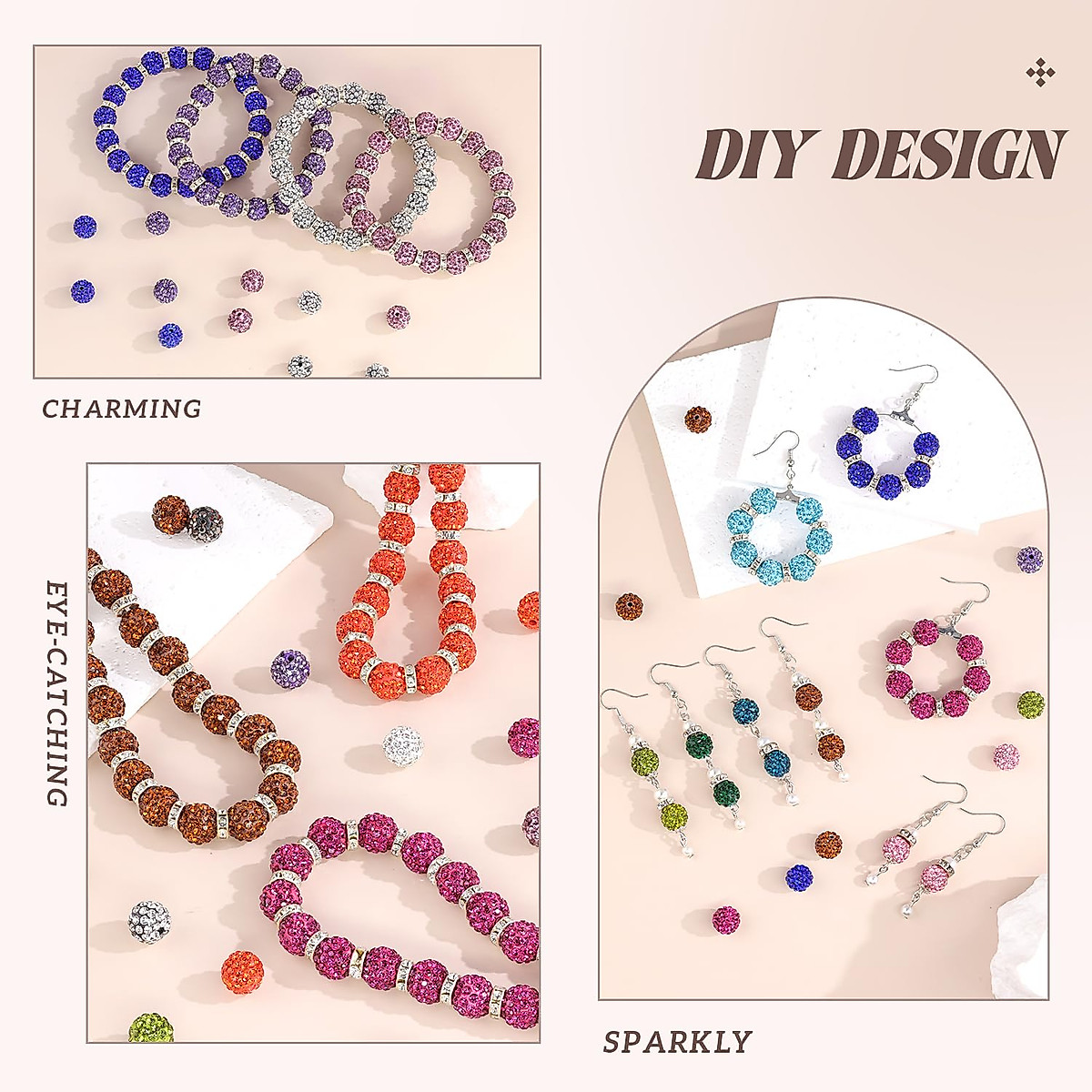 100 pcs 10mm Rhinestone Beads for Jewelry Making, 10 Mixed Colors Shiny Round Disco Ball Beads Bulk, Sparkle Crystal Clay Christmas for Bracelet Baseball Necklace Earring Crafting and DIY
