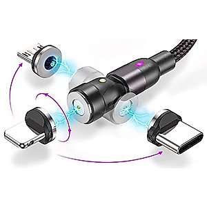 Statik 360 Rotating Magnetic Charging Cable - USB to USB C Cable, Micro-USB, Magnetic iPhone Charger, 3-in-1 Tip Adapters, Magnetic Phone Charger with LED Light, 90 Degree Right Angle, Black, 3FT/1M