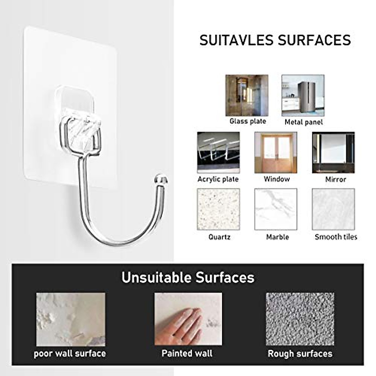 Large Adhesive Wall Hooks 22dl(max) Heavy Duty Wall Hooks for Hanging ,Waterproof and Rustproof,Bathroom Kitchen Transparent Reusable Self Adhesive Hooks，8Pack