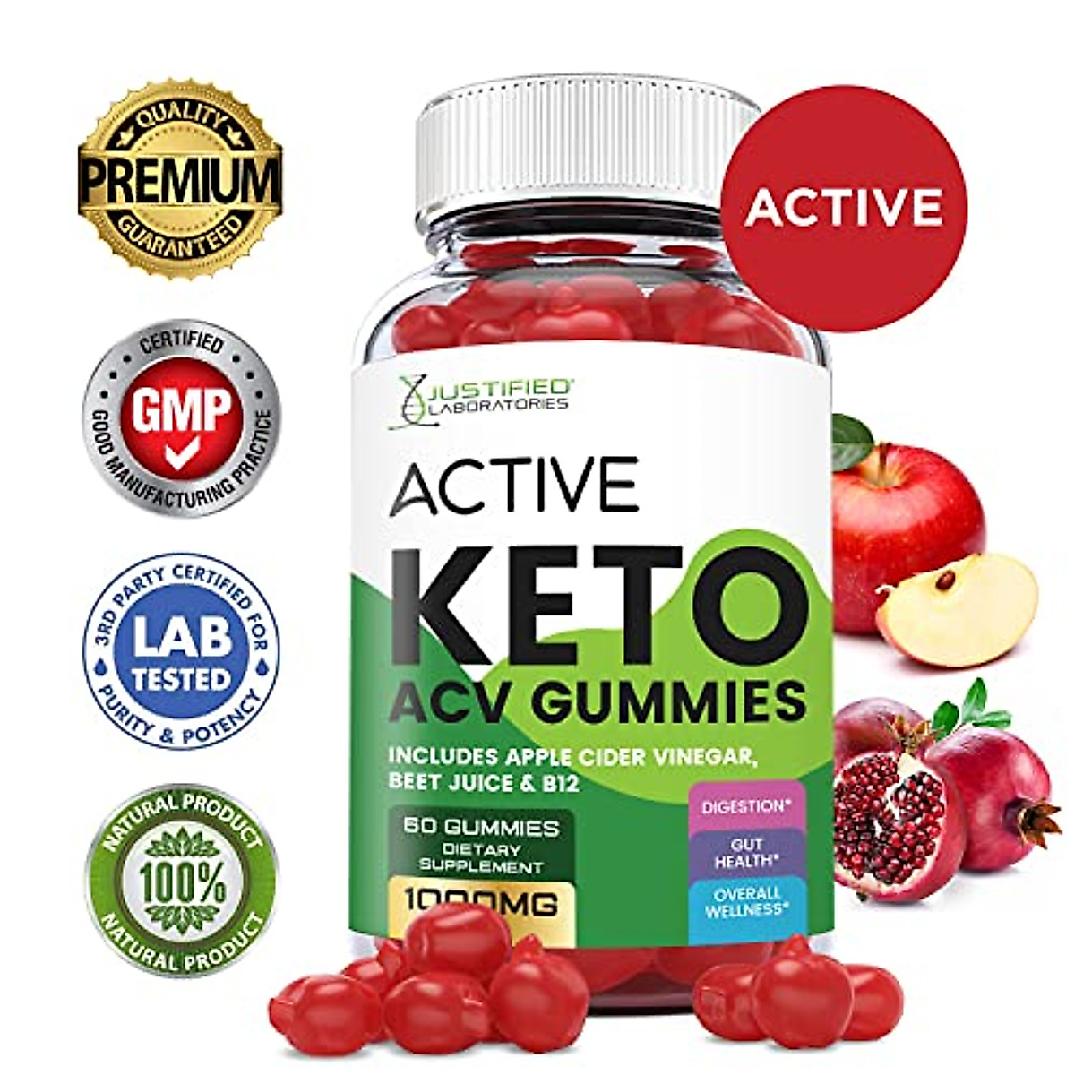 Justified Laboratories (2 Pack) Active Keto ACV Gummies 1000MG with Pomegranate Juice Beet Root B12 120 Gummys