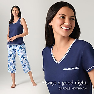 Carole Hochman Women's 4-Piece 100% Cotton Pajama Set – V-Neck T-Shirt, Tank, Capri Pants & Shorts with Drawstring & Pockets, Medieval Blue, X-Large