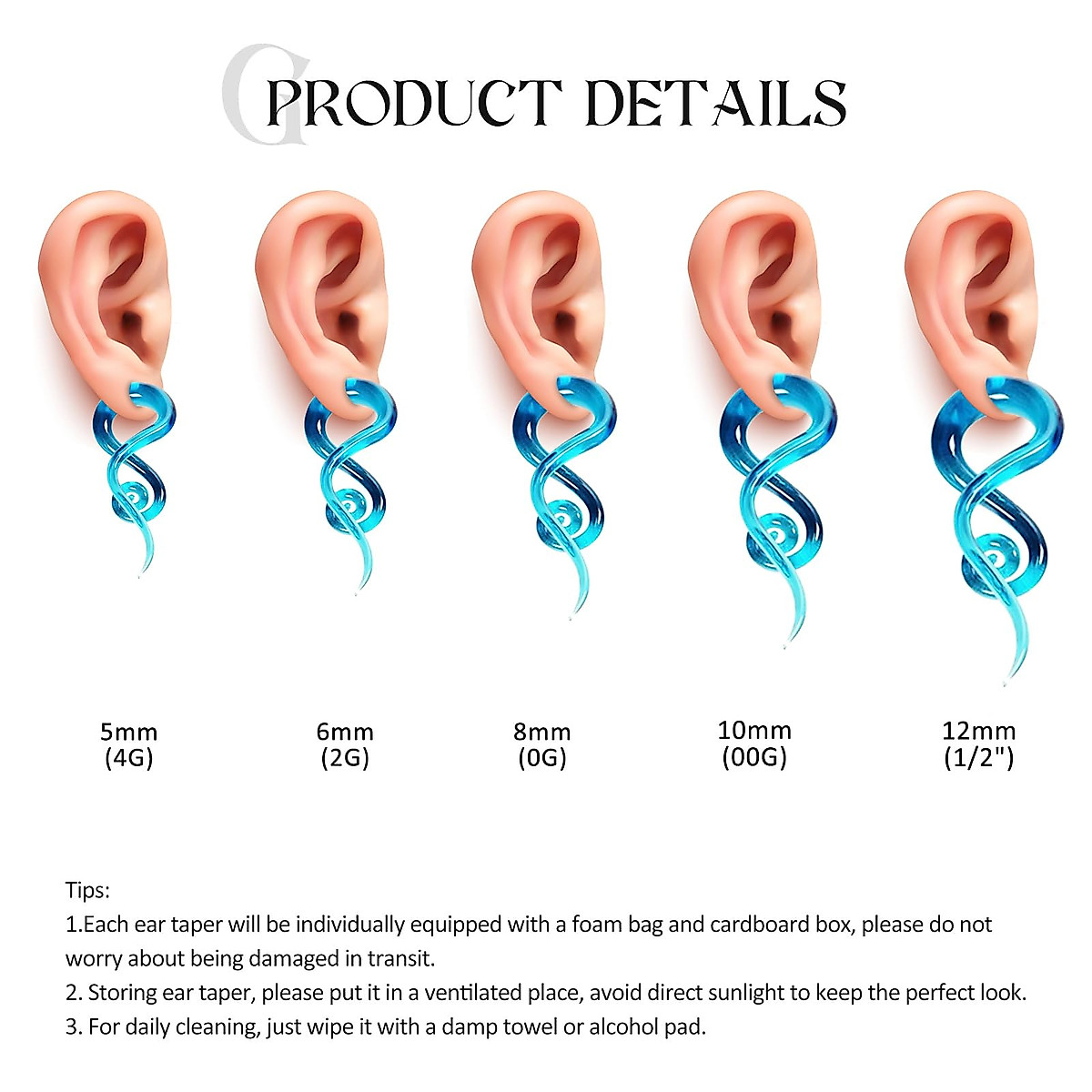 Glupez 2PCS Glass Spiral Ear Tapers Ear Plugs Expander Stretcher Hanger Twist Ear Gauges Earrings Stretching Tunnels Body Piercing Jewelry for Women Men 2G 6MM Blue