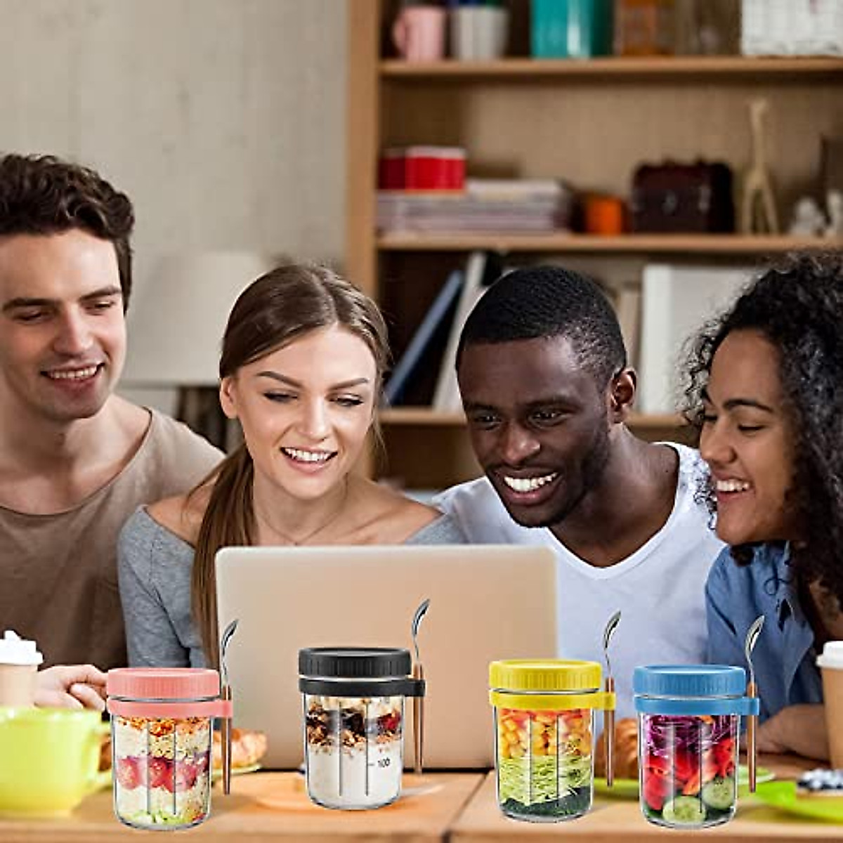 12 Pcs Overnight Oats Jars with Lid and Spoon, 12 oz Large Capacity Airtight Oatmeal Container Bulk with Measurement Marks, Mason Jars with Lid for Cereal on the Go Container