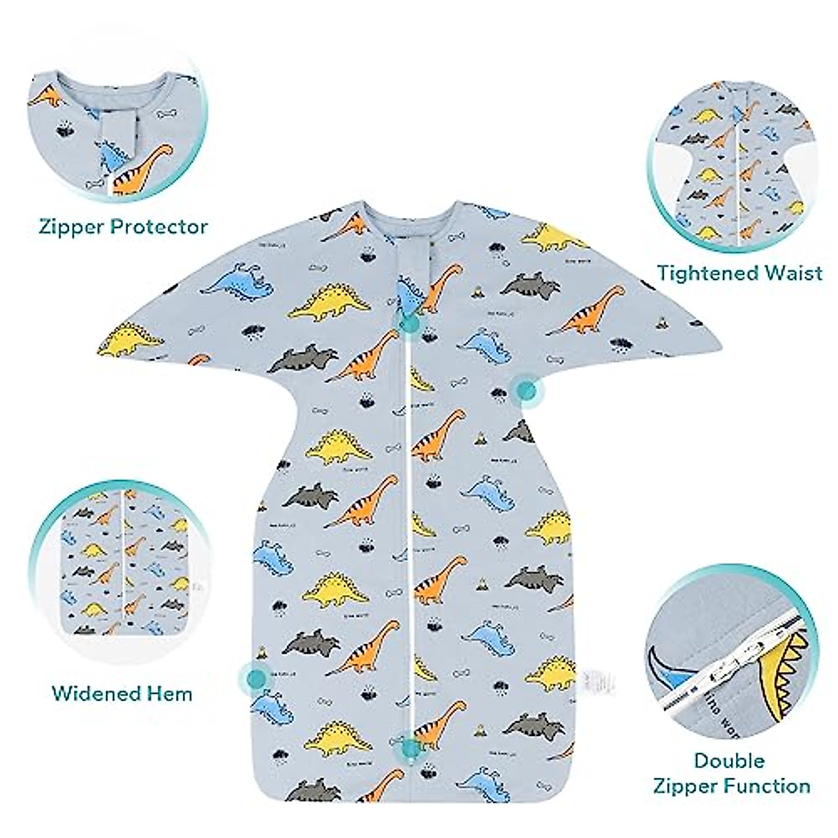 ZIGJOY Shark-Fin Transition Swaddle - Cozy Baby Wearable Blanket Cotton Lightweight Self-Soothing Sleep Sack, 1.0 TOG, Dinosaur World, Large (6-9 Months)