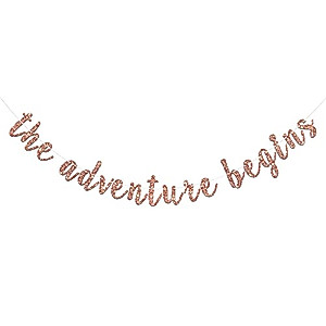 WeBenison The Adventure Begins Banner for Bridal Shower, Baby Shower, Engagement, Job Change, Farewell, Graduation Party Decorations Rose Gold Glitter Retirement Banner