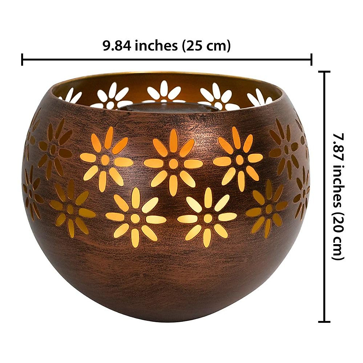 Solar Fire Bowl 8” 2-Pack Decorative Metal Solar Patio Light with Flickering Flame, Waterproof Dusk-to-Dawn Garden Lantern, Bronze/Copper