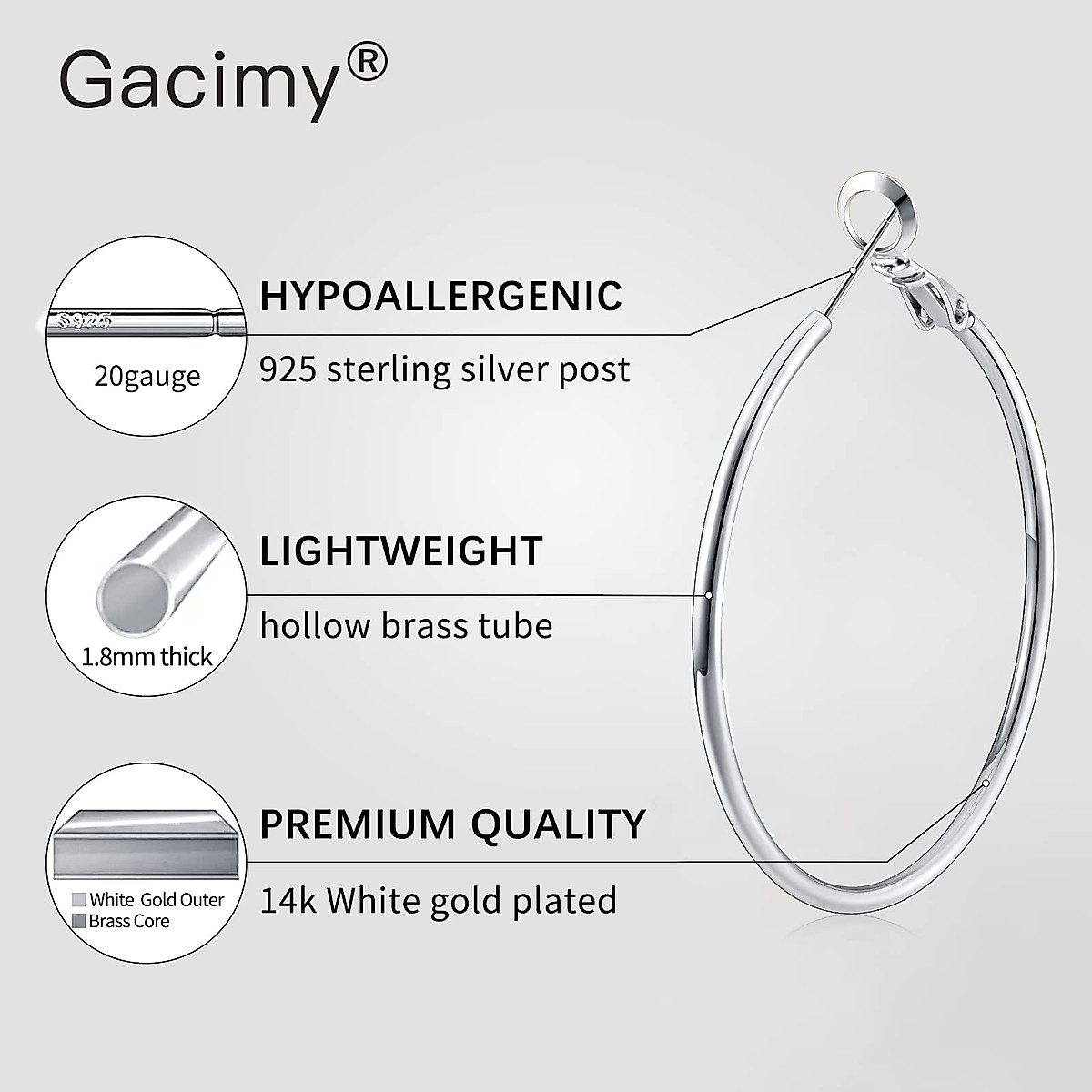 Gacimy Medium Silver Hoop Earrings for Women 14K White Gold Plated, 925 Sterling Silver Post Hoops for Women, 40mm White Gold Medium Earrings