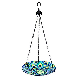 VCUTEKA Bird Bath Hanging for Outdoor Glass Small Bird Feeder Bowl Garden Decoration 11 Inch Peacock (Peacock)