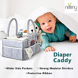 NEENY Baby Diaper Caddy Organizer – Portable Changing Table Storage Basket – Soft Felt Grey Nappy Bag Adjustable Compartments – Wipes Bottle Nursing Home & Car Travel – FREE Cotton Bib & Pacifier Clip
