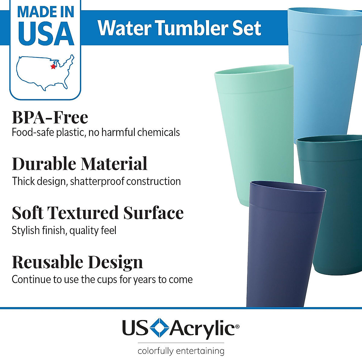 US Acrylic Newport 20 ounce Unbreakable Plastic Stackable Water Tumblers in 4 Coastal Colors | Set of 12 Drinking Cups | Reusable, BPA-free, Made in the USA, Top-rack Dishwasher and Microwave Safe