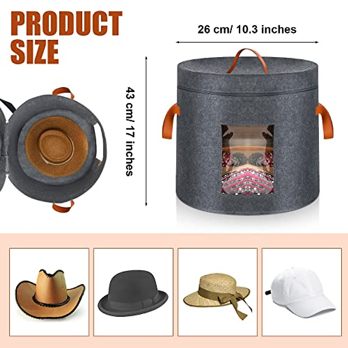 2 Pcs Hat Storage Box 17 x 10.3 Inches Stackable Round Brim Hats Case Foldable Clothes Storage Container Cowboy Hat Stuffed Animal Toy Organizer with Lid,shoulder Strap and Clear Window (2 Pieces)