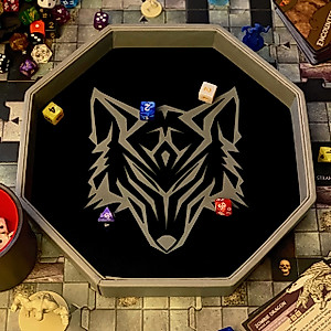 Luck Lab 11.5 Inch Dice Tray – Black and Grey - Big Octagonal Dice Tray with Luxurious Rolling Area for RPG Table Top Gaming Like D&D - Wolf Design