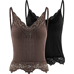 2 Pcs Women Lace Patchwork Crop Top Fairy Grunge Style Cropped Tees Y2k E Girls Clothes Cami Ribbed Knitted Tank Tops(Brown, Black,Small)