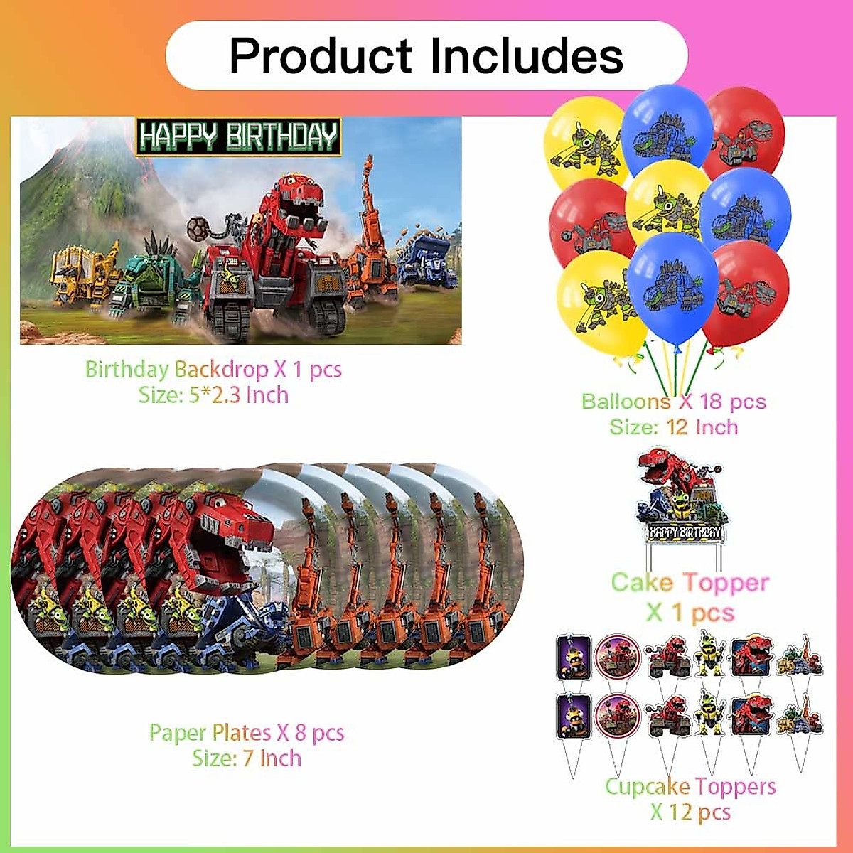 Dinosaur Truck Dinotrux Party Supplies Plates Decorations Birthday Cake Topper Banner Decor Backdrop Balloons