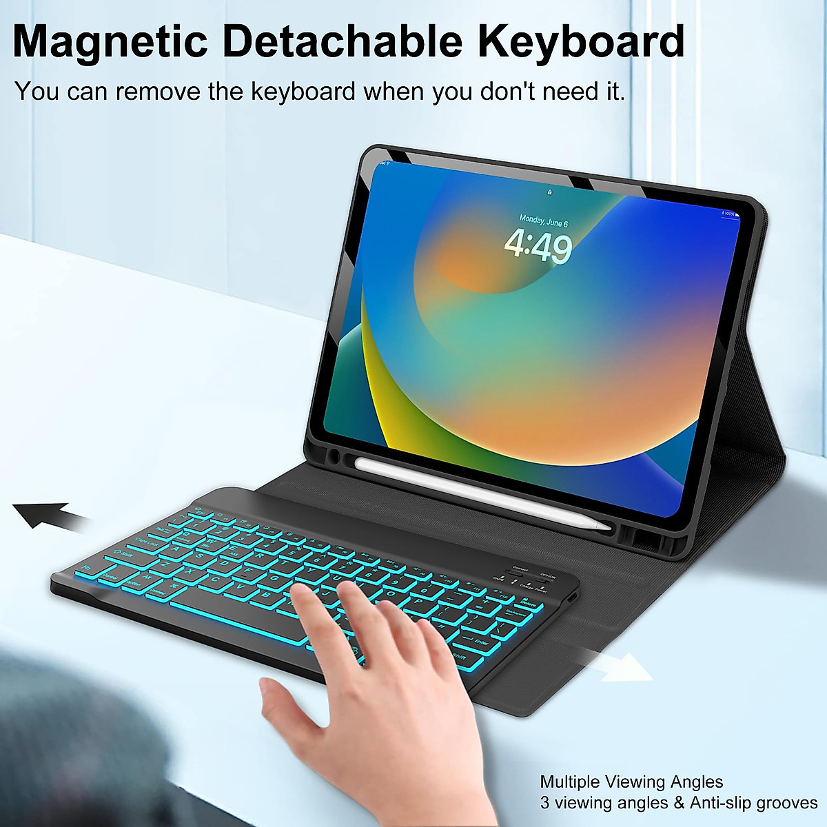 BORIYUAN iPad 10.2 inch Case with Keyboard, Detachable Bluetooth Keyboard with 7 Color Backlit, Slim Folio Smart Cover with Pencil Holder for iPad 9th/8th/7th Gen/iPad Pro 10.5"/iPad Air 3rd Gen Black
